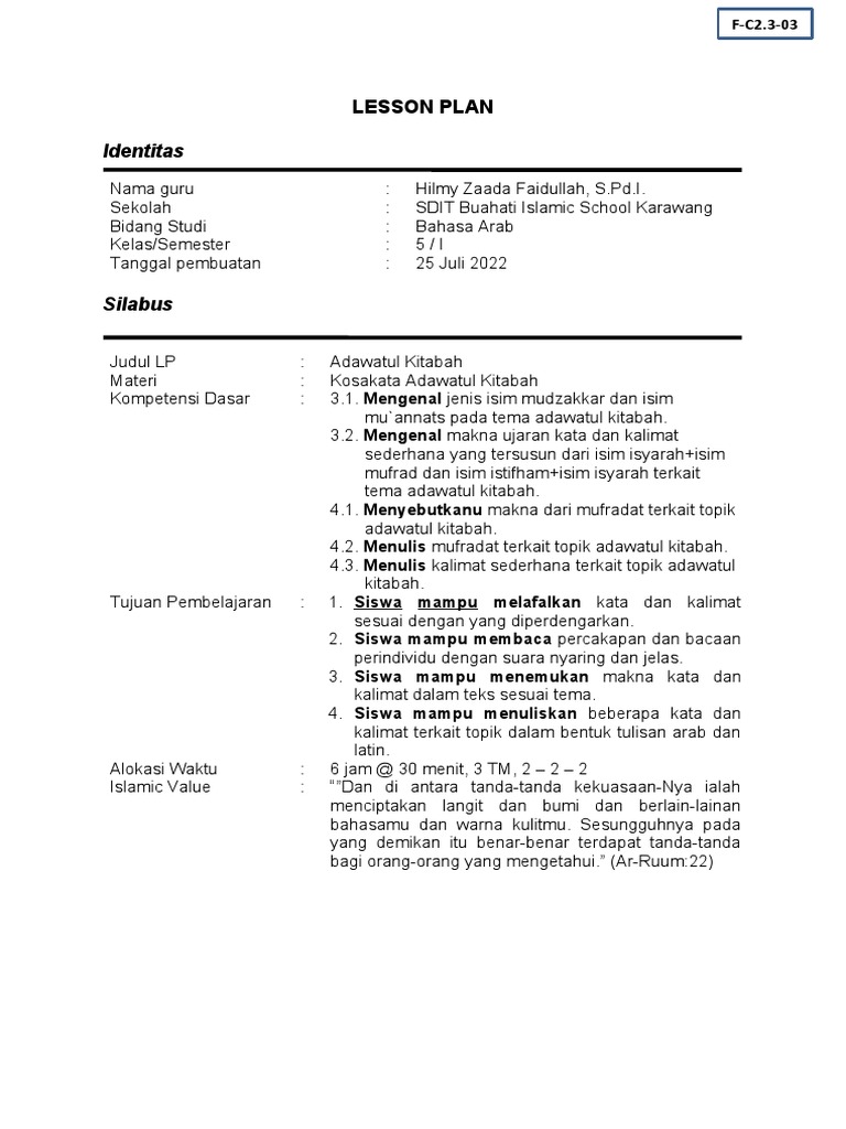 Lesson Plan Bahasa Arab Ganjil | PDF