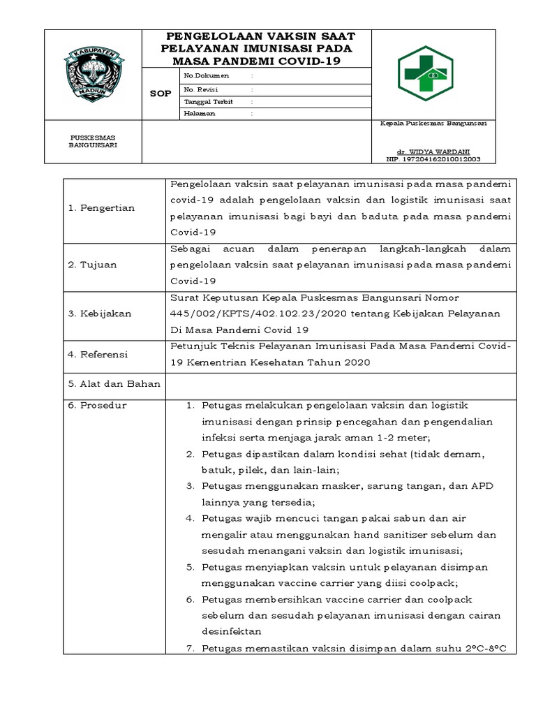 Sop Pengelolaan Vaksin Saat Pelayanan Imunisasi | PDF