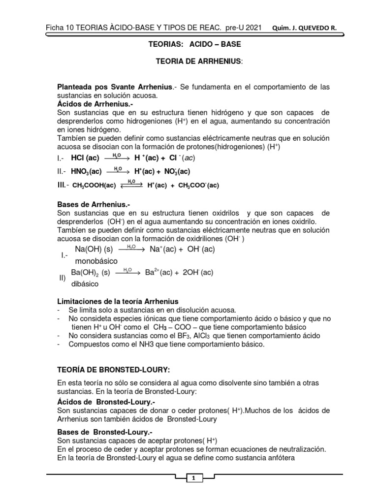 Aj Ficha 10teorías Ácido Base - Tipos de Reacciones | PDF | Ácido | Redox