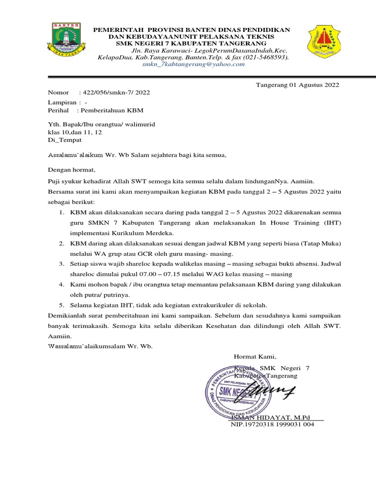 Surat Pemberitahuan IHT Ke Ortu | PDF