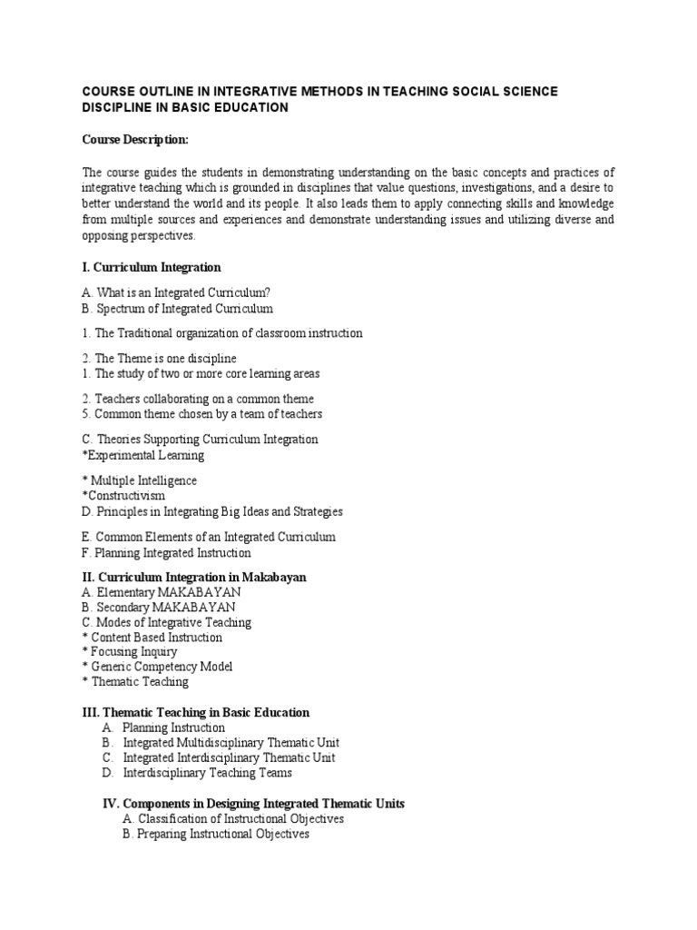 Course Outline in Integrative Methods in Teaching Social Science ... Course Outline in Integrative Methods in Teaching Social Science ...