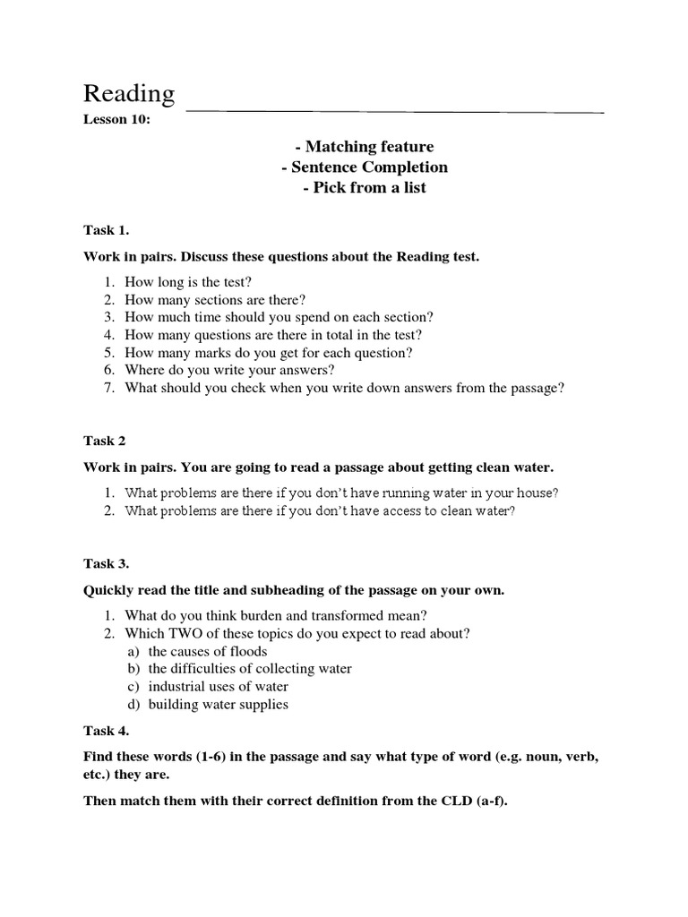 Reading: - Matching Feature - Sentence Completion - Pick From A List | PDF