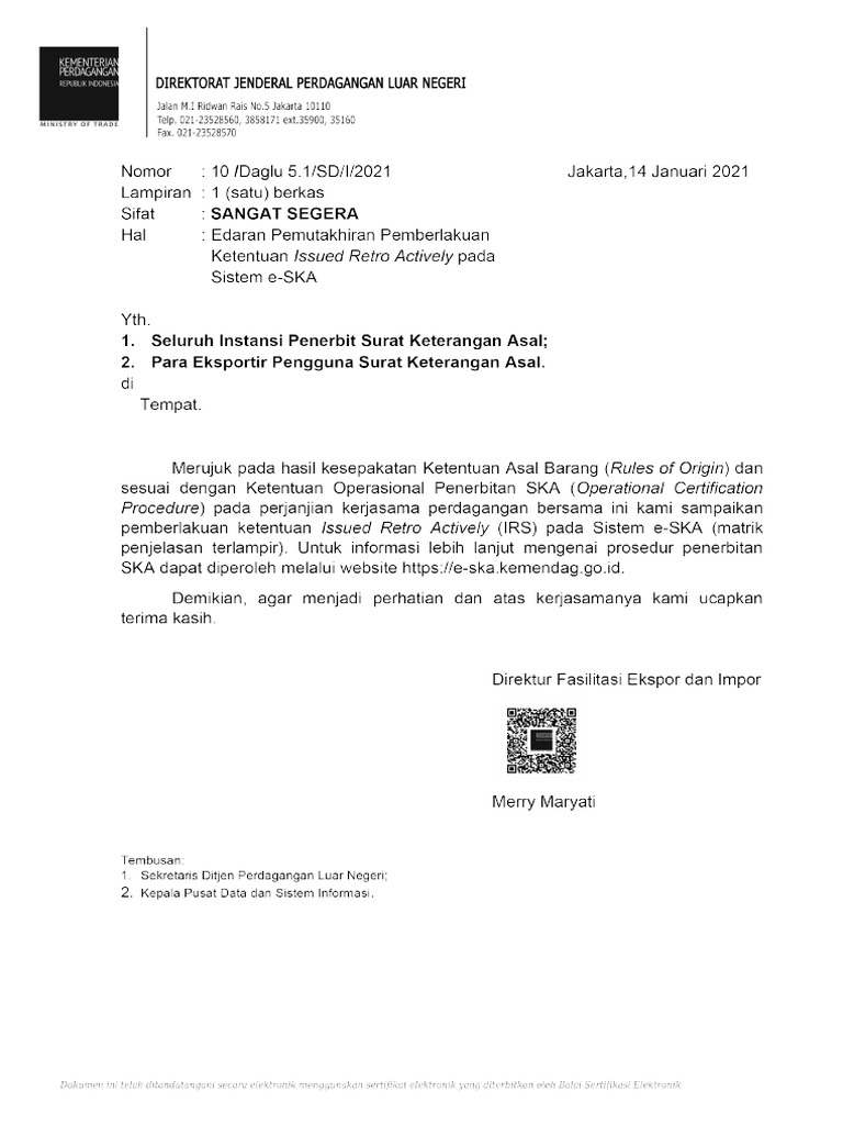 Permendag - Issued Retroactively COO-1 | PDF | Consumer Goods | Economies