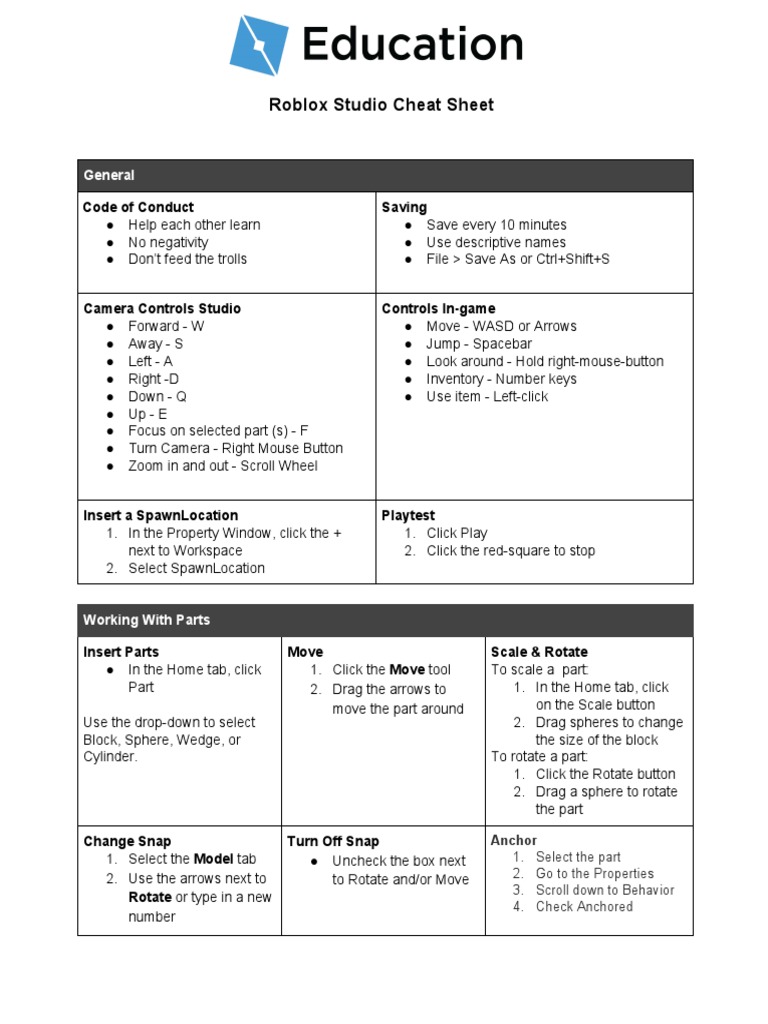 RobloxStudio-Cheatsheet | PDF | System Software | Input/Output