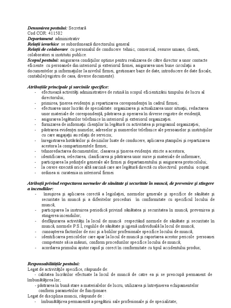 Model Fisa Postului Secretara | PDF