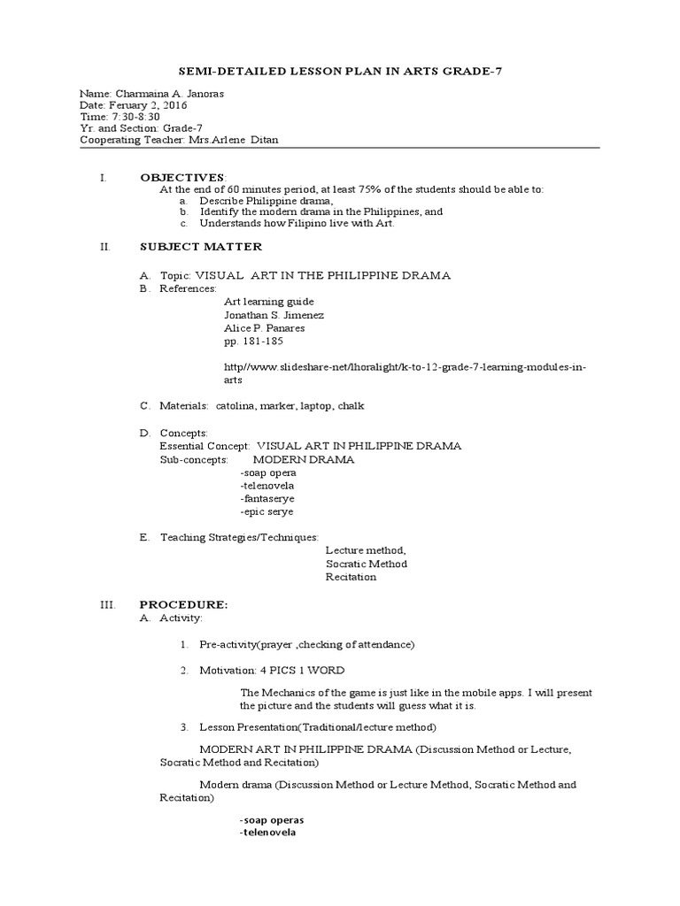 Semi-Detailed Lesson Plan in Arts Grade-7: Visual Art in The Philippine ...