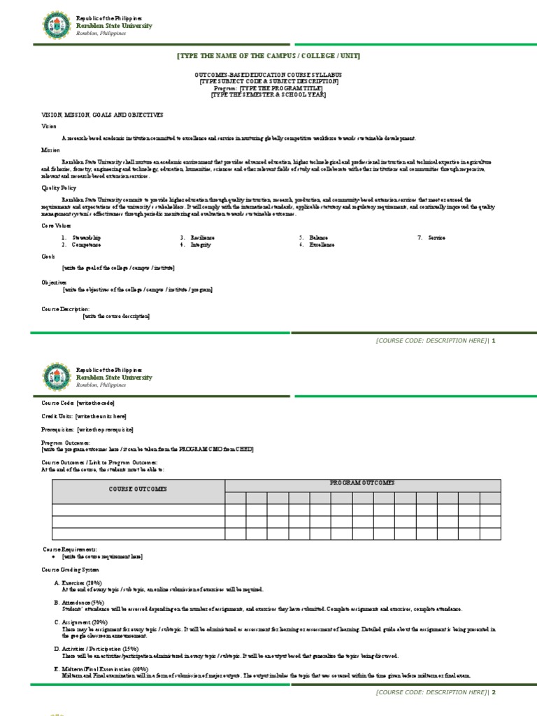 COURSE-SYLLABUS-TEMPLATE | PDF | Final Examination