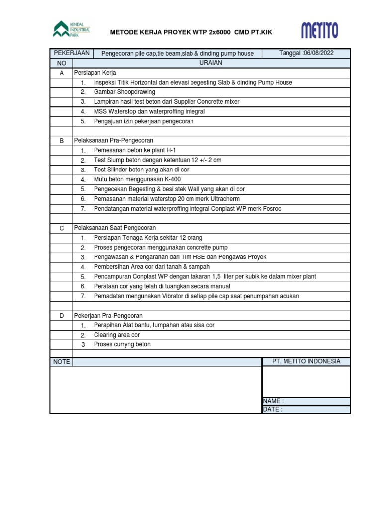 METODE KERJA Cor Pile Cap, Slab Pump House | PDF