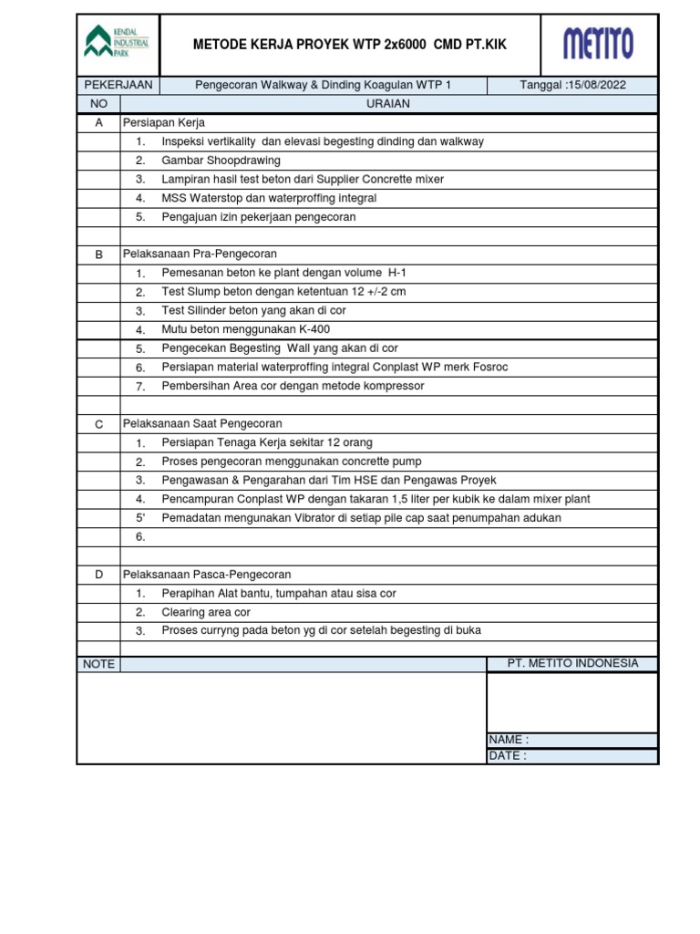Metode Kerja Kik Cor Walkway WTP 1 | PDF