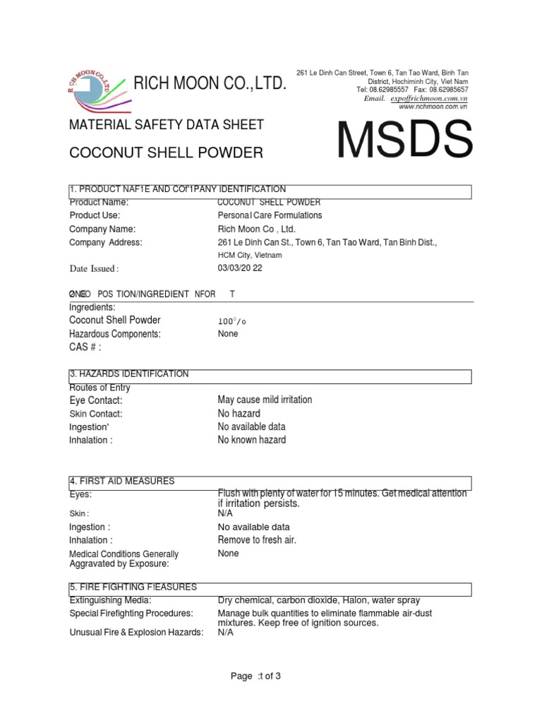 MSDS - Coconut Shell Powder | Download grátis PDF | Water | Firefighting
