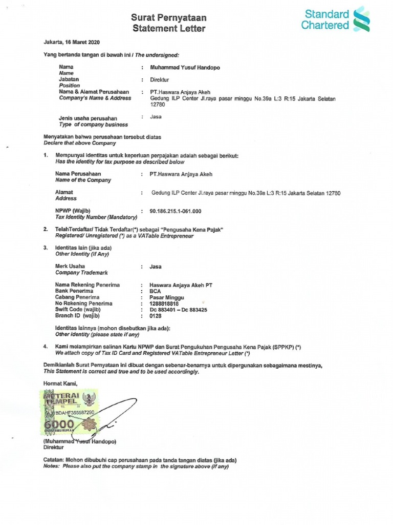 Statement Letter Standard Chartered Bank | PDF