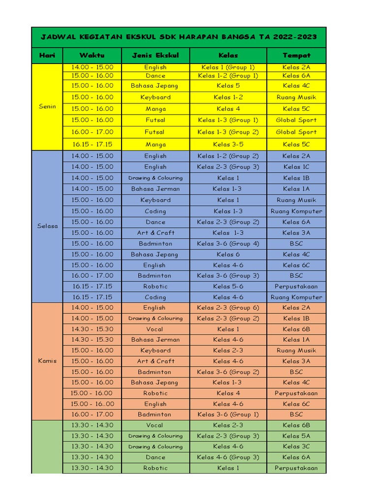Jadwal Kegiatan Ekstrakurikuler SDK Harapan Bangsa Ta 2022-2023 | PDF | Seni & Disiplin Bahasa