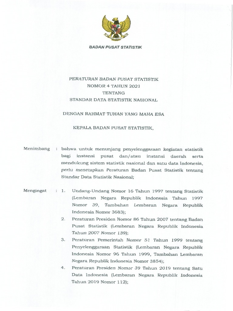 Peraturan Badan Pusat Statistik Nomor 4 Tahun 2021 Tentang Standar Data Statistik Nasional | PDF