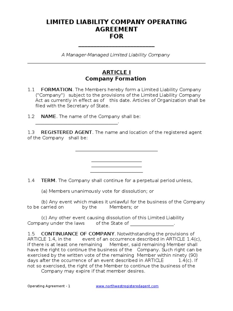 Manager-Managed LLC Operating Agreement | PDF | Limited Liability ...