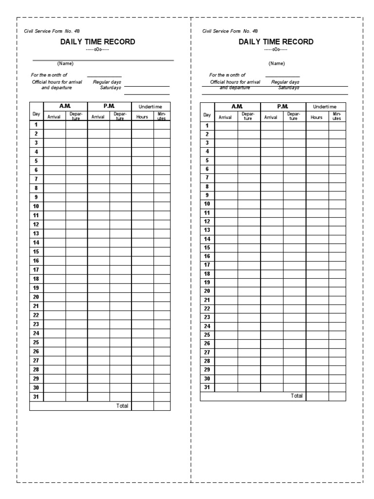 CSC Form No 48 Daily Time Record DTR | PDF