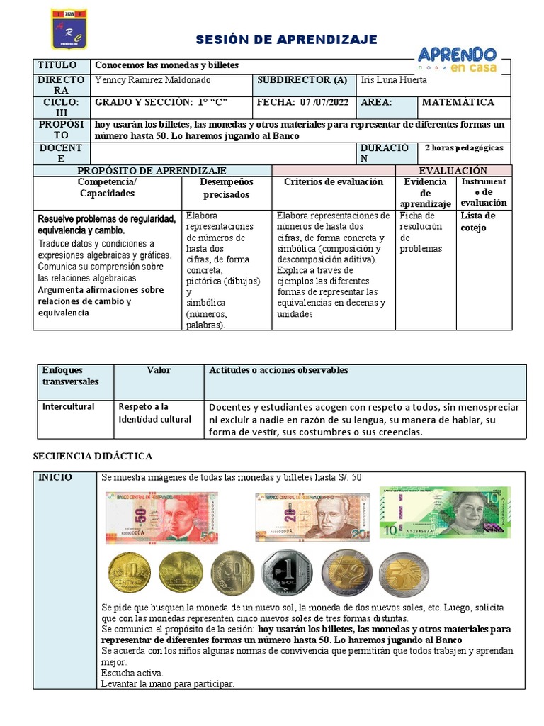 Actividades de Billetes y Monedas 1° C | PDF | Dinero | Evaluación