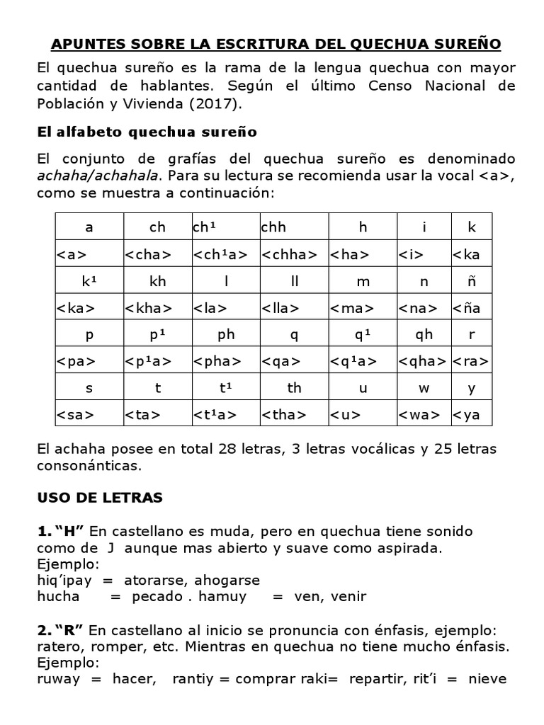 Quechua, Actividad #1 | PDF | Familias de idiomas | Lingüística