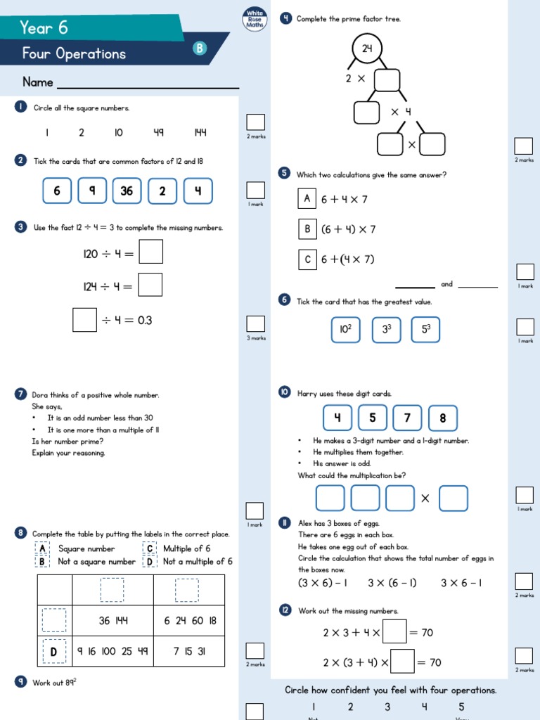 Year 6 Four Operations Worksheet | PDF | Multiplication | Numbers