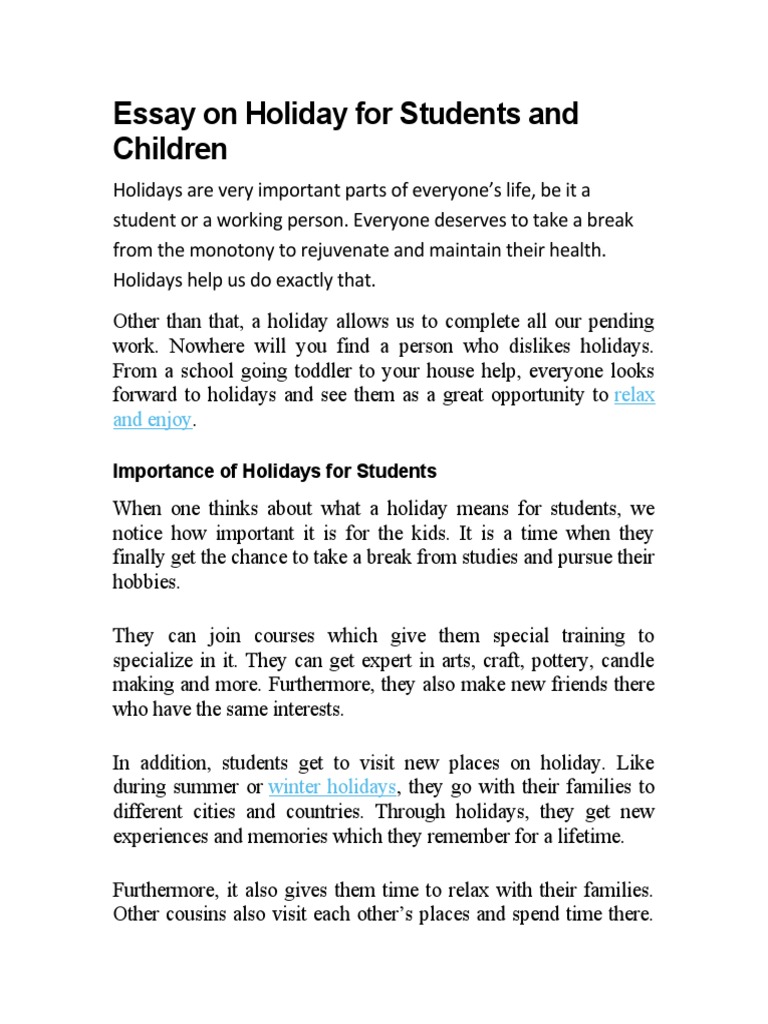 Essay On Holiday For Students and Children | PDF