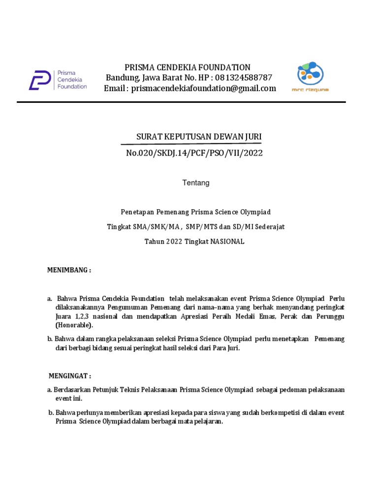 Pengumuman Pemenang Prisma Science Olympiad | PDF