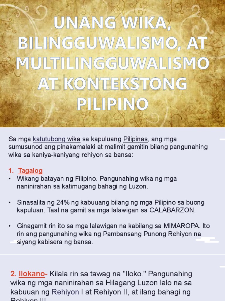 Unang Wika, Bilingguwalismo, at Multilingguwalismo Sa Kontekstong ...