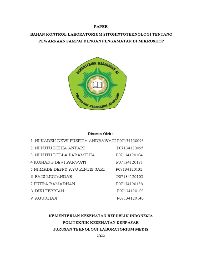 Kelompok 2 - Paper Bahan Kontrol Pewarnaan Hematoxylin Dan Eosin. | PDF | Sains & Matematika