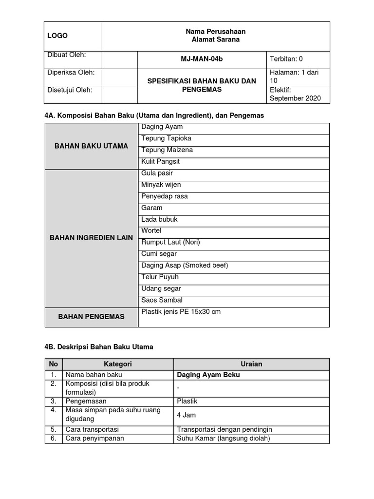 MAN-04b. Spesifikasi Bahan Baku Dan Pengemas | PDF