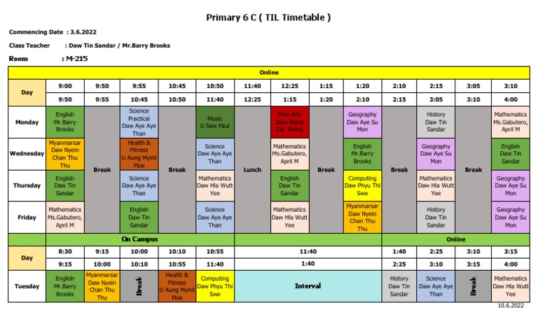 Primary 6C Class Timetable 2022-2023 (13.6.22) | PDF
