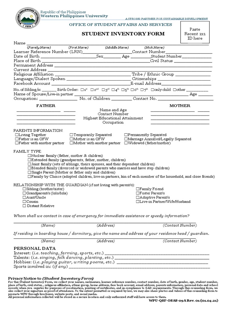 09-Student-Inventory-Form Editable-1 | PDF | Family | Marriage