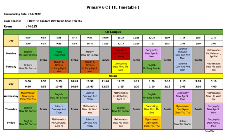 Primary 6C Class Timetable 2022-2023 (W.e.f 4.7.2022) | PDF | Myanmar