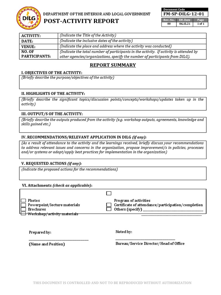 01 FM-SP-DILG-12-01 Post Activity Report - DILG - ISO - FORM | PDF