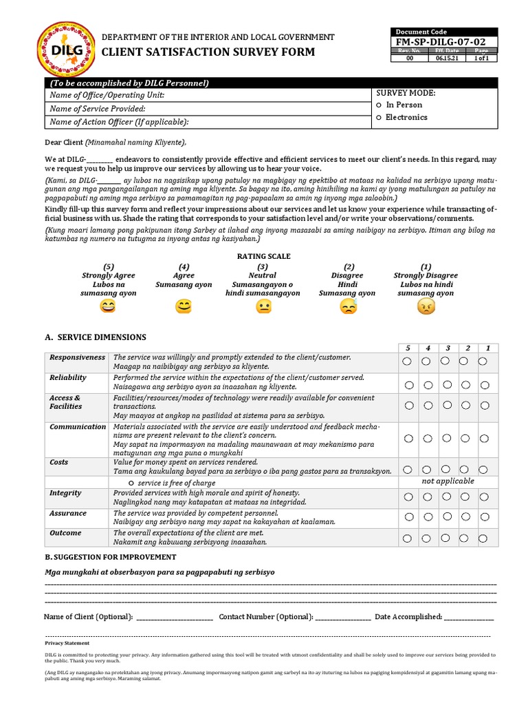 02 FM-SP-DILG-07-02 Client Satisfaction Survey Form - DILG - ISO - FORM | PDF | Privacy | Business