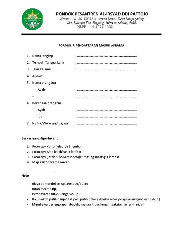 Formulir Pendaftaran Masuk Asrama | PDF