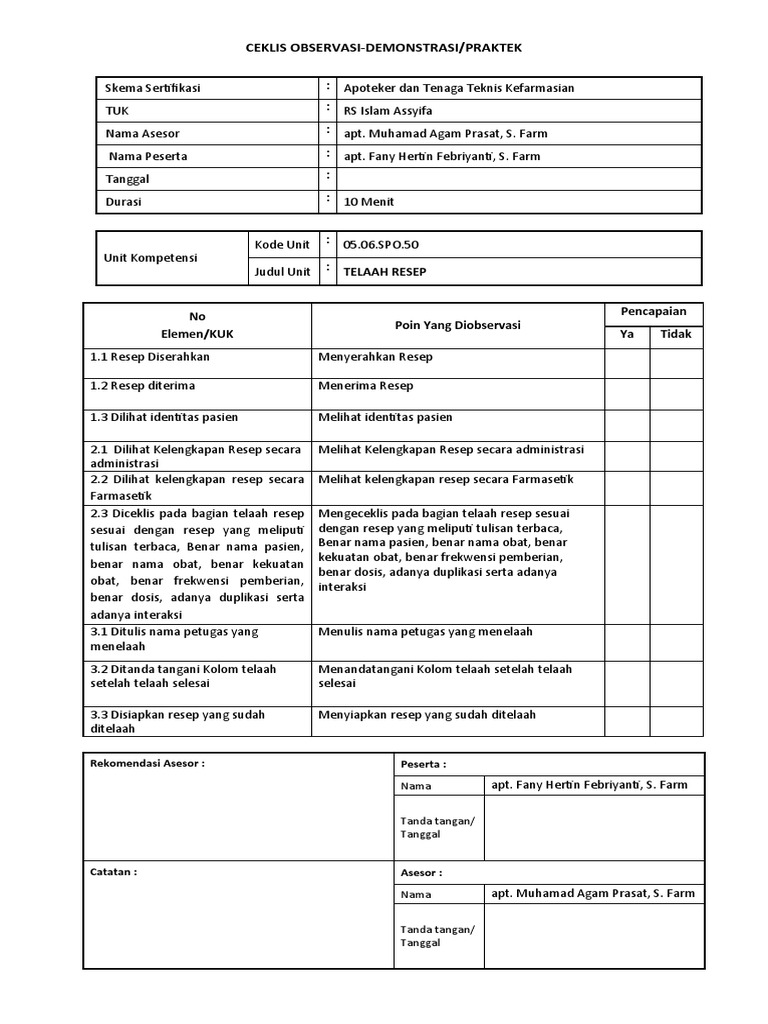 Checklist Observasi Telaah Resep | PDF