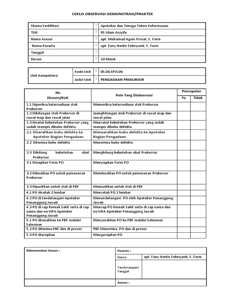 Checklist Observasi Po Prekursor | PDF | Kesehatan Holistik