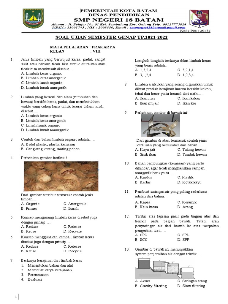 Soal UAS Prakarya Kelas 8 Semester 2 Dan Kunci Jawaban | PDF