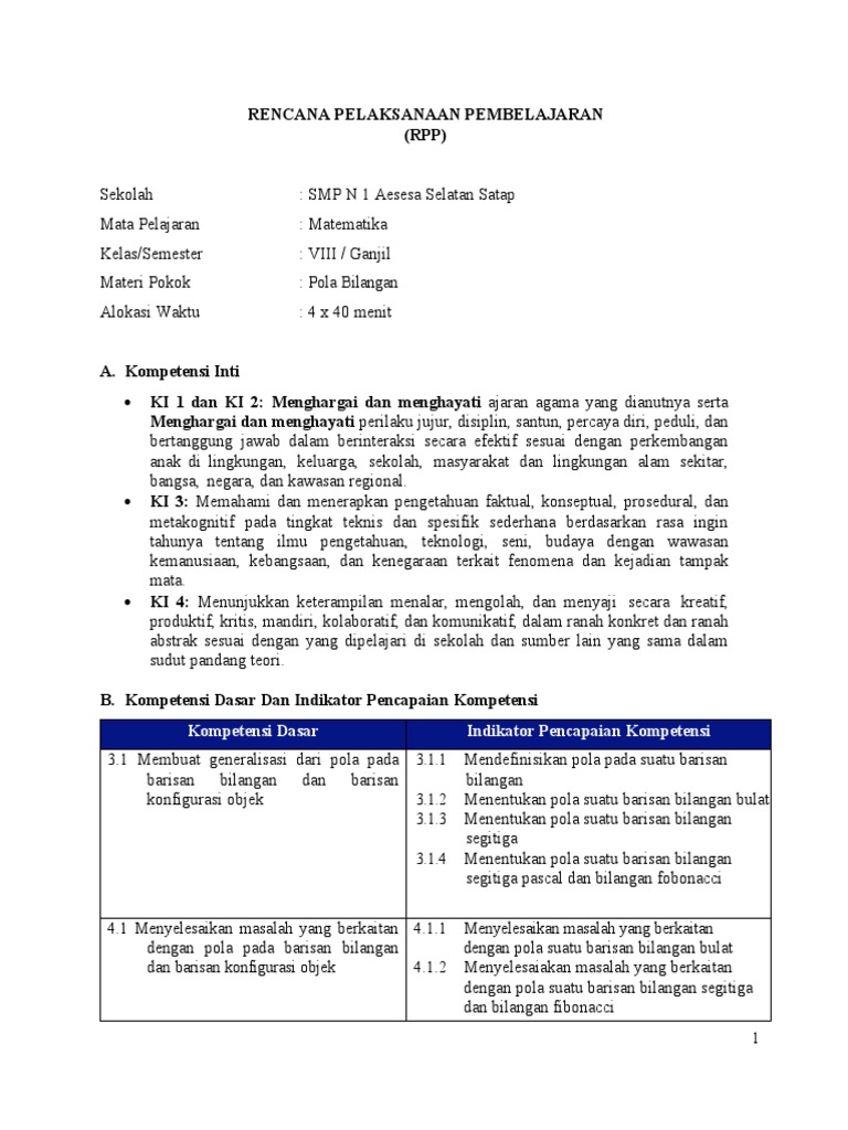 RPP Pola Bilangan Kelas 8 PBL | PDF