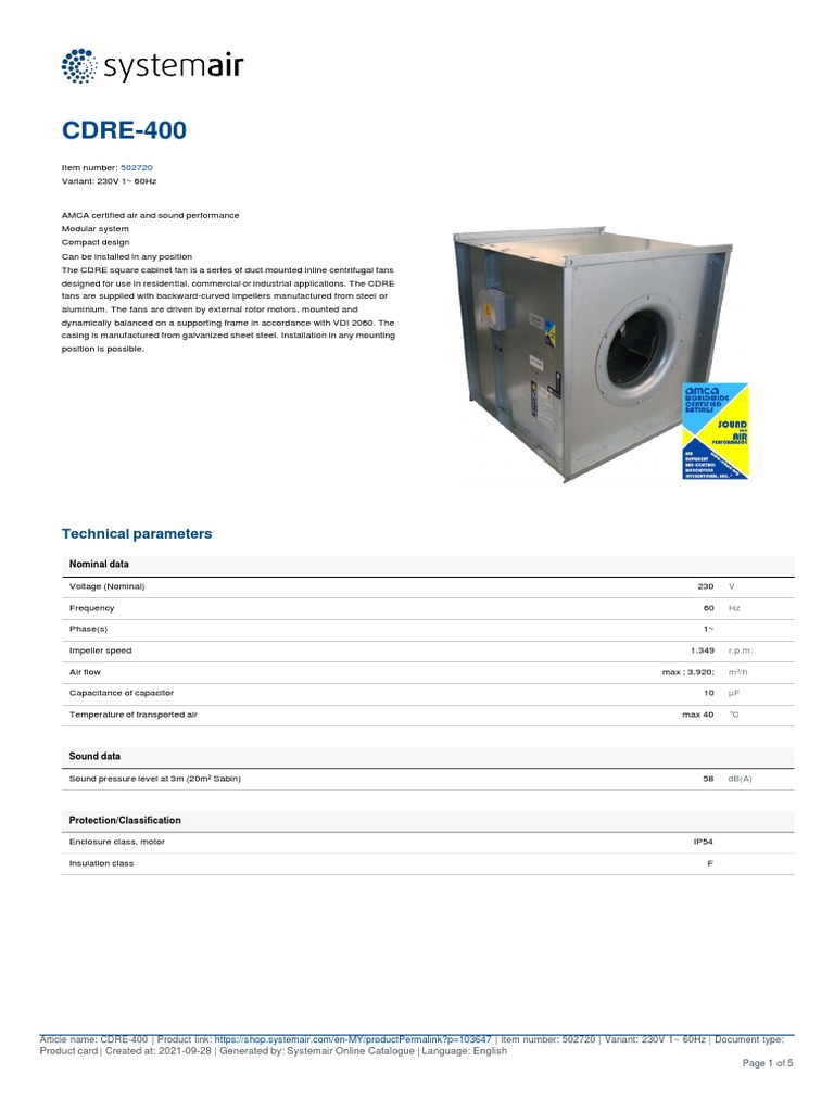 CDRE-400: Technical Parameters | PDF | Duct (Flow) | Capacitor