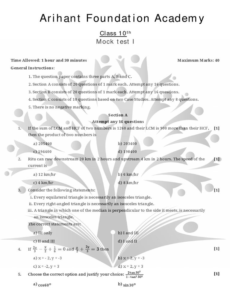 Mock Test 1 | PDF | Elementary Mathematics | Mathematics