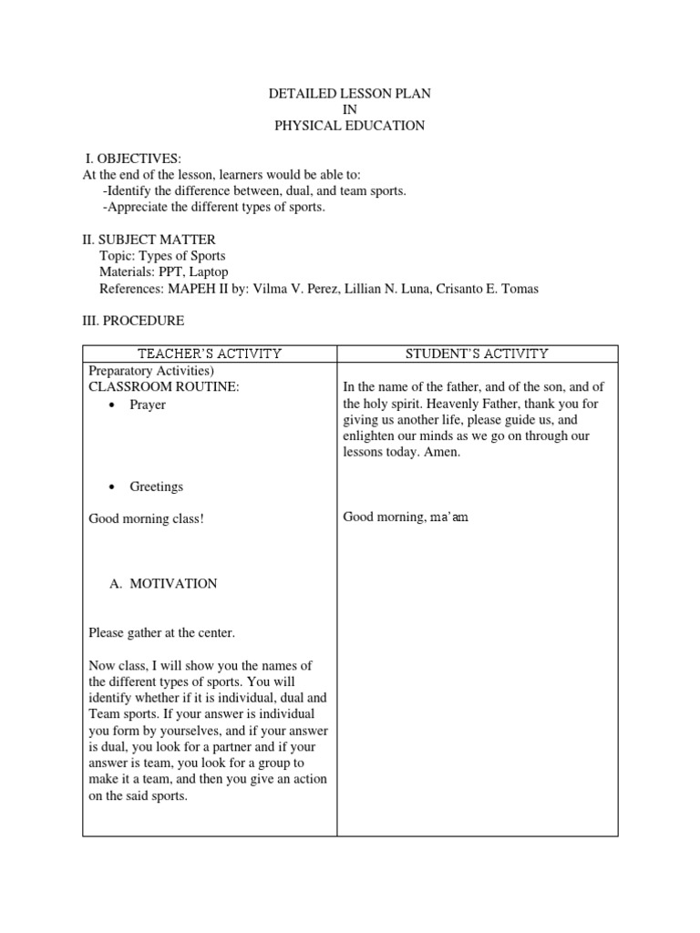 Dar - Detailed Lesson Plan - Final | PDF | Lesson Plan | Sports