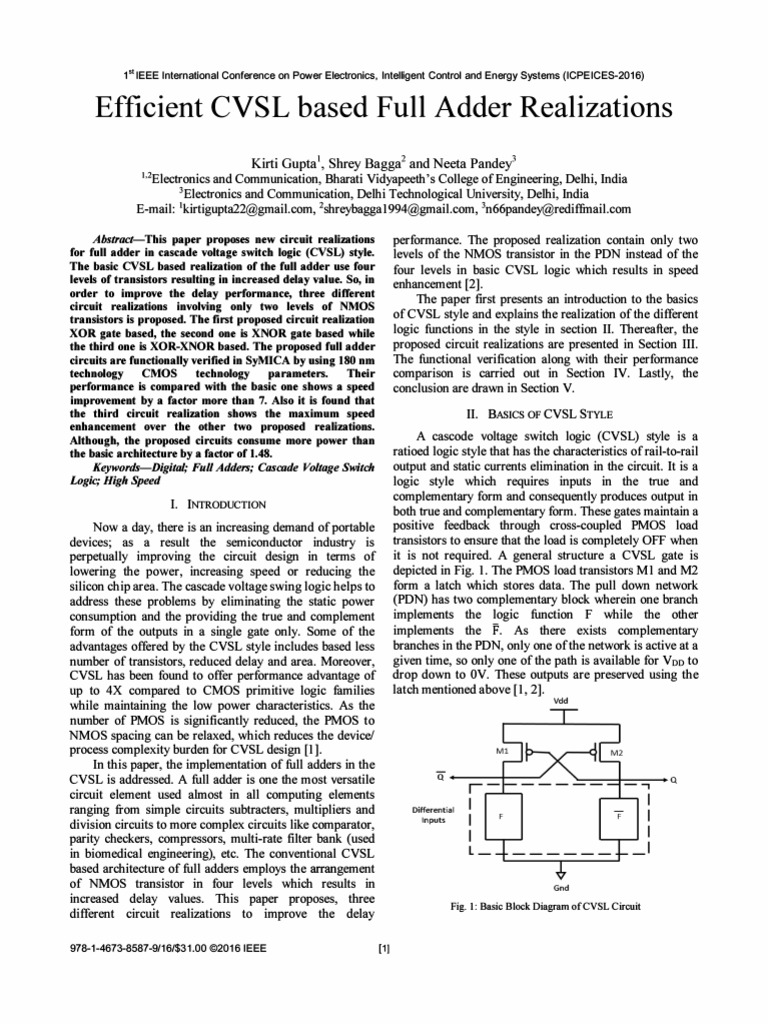 Efficient CVSL Based Full Adder Realizations: Kirti Gupta', Shrey ...