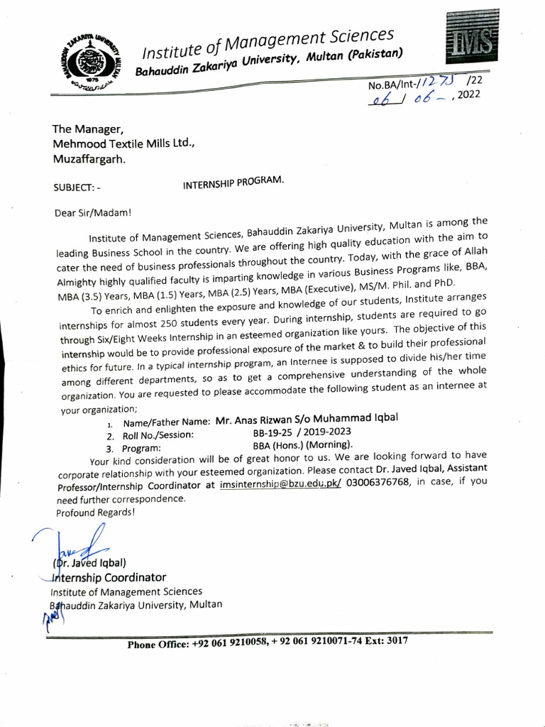Internship Letter IMS | PDF | Academic Degree | Educational Stages