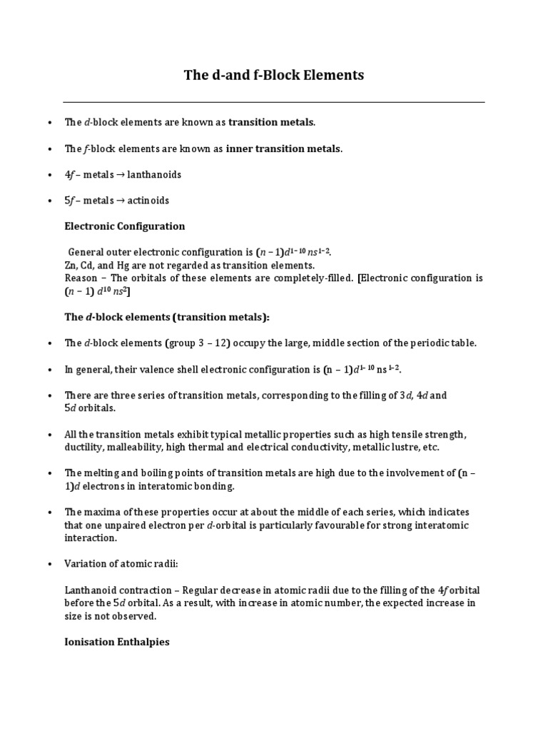D & F Block Short Notes | PDF | Transition Metals | Chemical Compounds