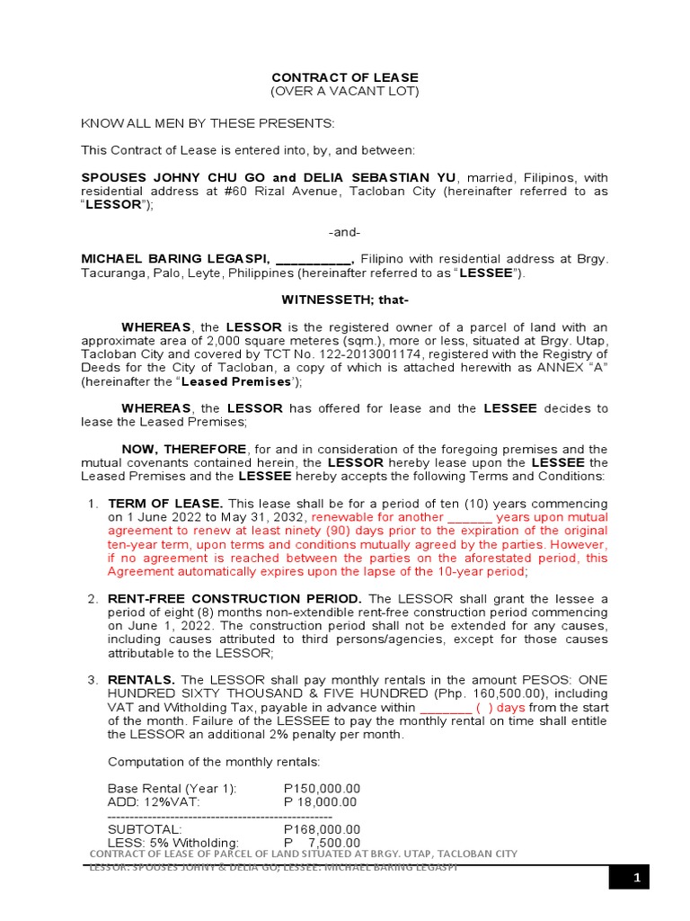 Contract of Lease - Vacant Lot - Michael Baring Legaspi | PDF | Lease ...