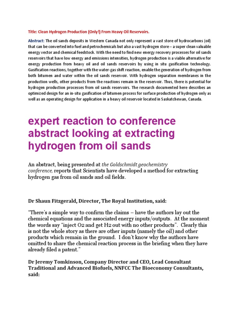 Abstract-Clean Hydrogen Production (Only!) From Heavy Oil Reservoirs ...