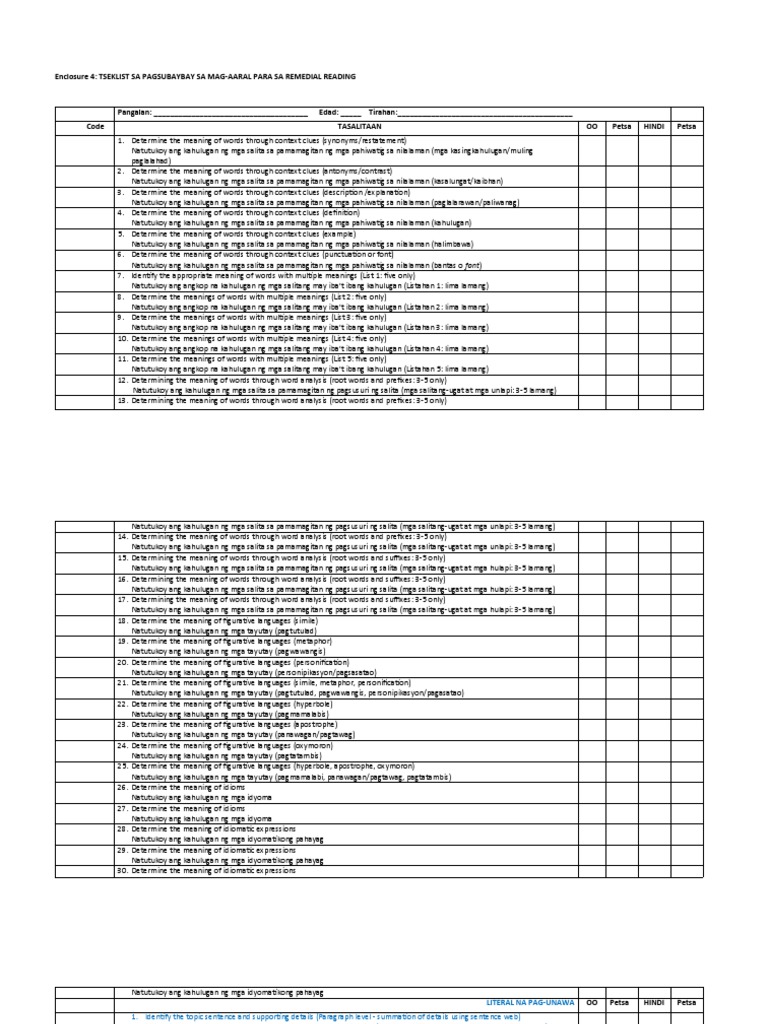 Progress Checklist Dev Reading BR B4 English 1 | PDF