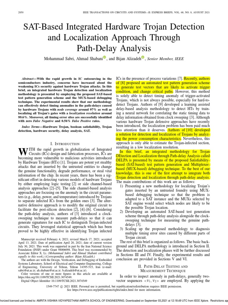 Sat Based Integrated Hardware Trojan Detection And Localization Approach Through Path Delay