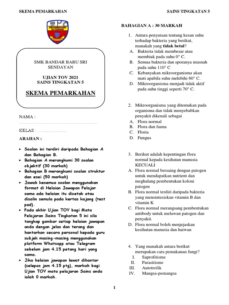 SKEMA JAWAPAN - Ujian TOV SAINS TING 5 2021 | PDF