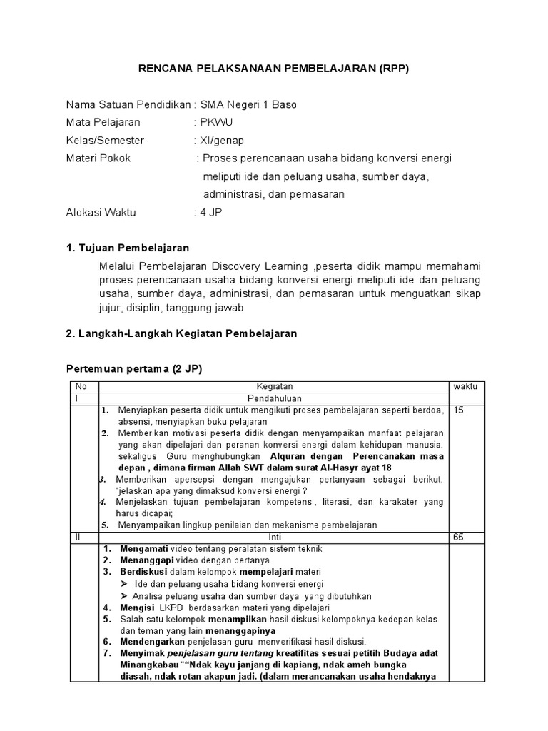 Contoh RPP Pkwu Semester Genap Bidang Rekayasa | PDF