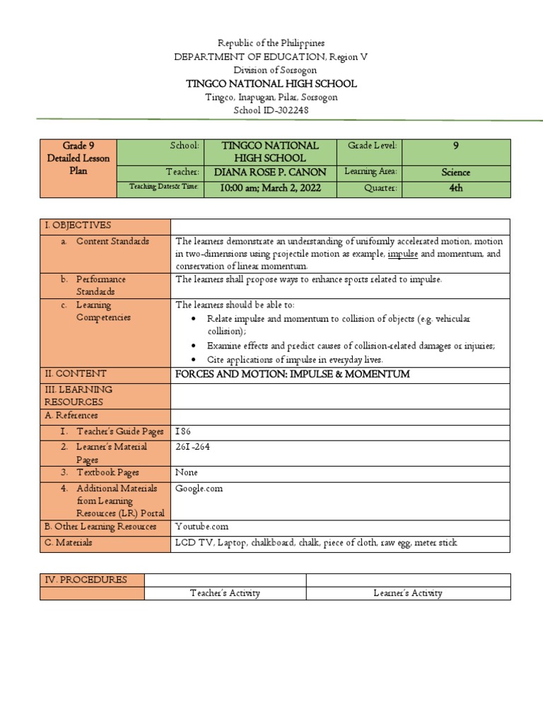 Detailed Lesson Plan in Impulse Activity | PDF | Force | Momentum
